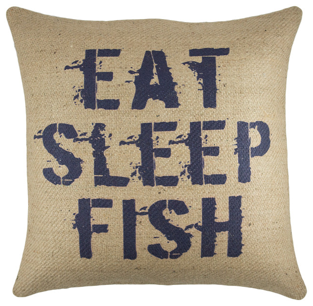 "Eat Sleep Fish" Burlap Pillow, Navy, 18"x18" - Rustic - Decorative ...