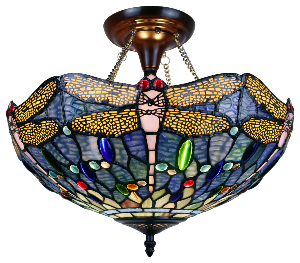 Dragonfly Tiffany-Style Dark Bronze 2 Light Semi-Flush Ceiling Fixture ...