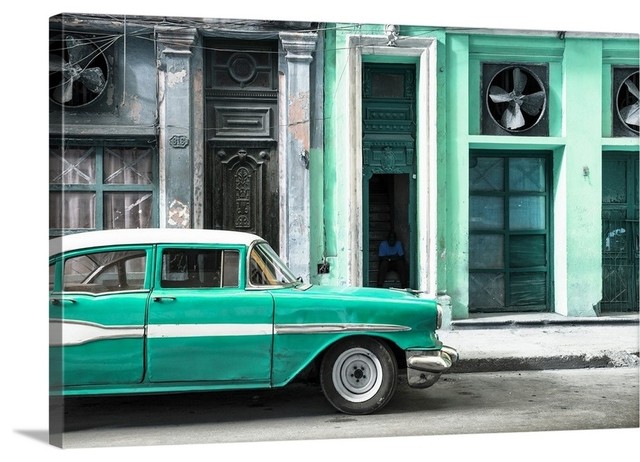 Cuba Fuerte Collection - Old Classic American Green Car Wrapped Canvas ...