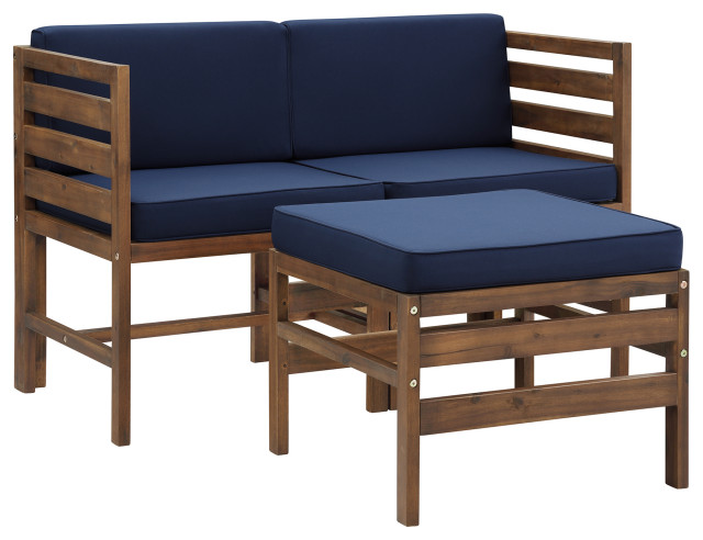 Modular Acacia Patio Arm Chairs and Ottoman, Dark Brown/Navy Blue ...