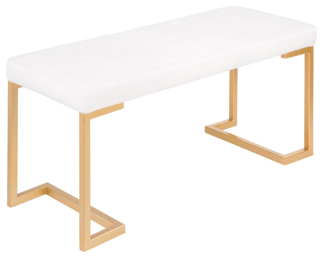 Midas Contemporary-Glam Entryway/Dining Bench, Gold With White Mohair ...