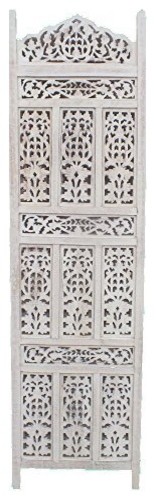 4 Panel Wooden Room Divider Distressed White Aesthetic Carved Design ...