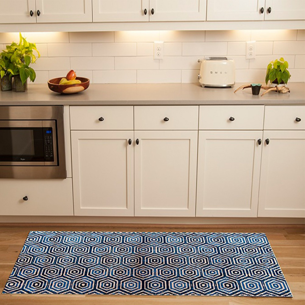 2' x 6' Shades of Blue Hexagons Washable Runner Rug - Contemporary ...