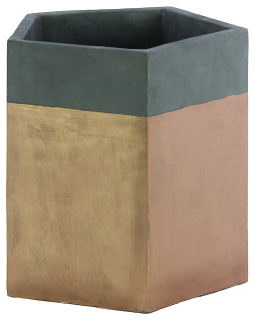 Pentagonal Shape Cemented Flower Pot With Gold Banded Rim, Gray ...