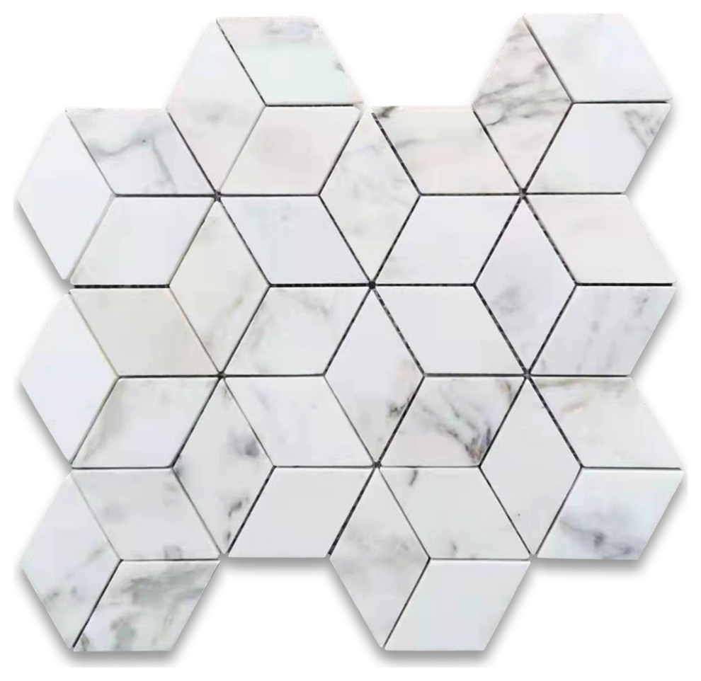 Calacatta Gold Marble Illusion 3D Cube Rhombus Diamond Hex Tile Honed ...