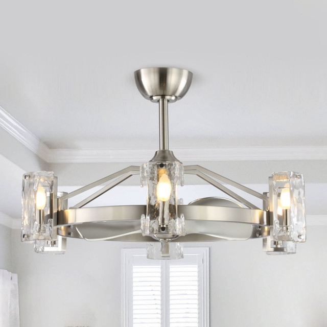 34-inch Sand Nickel Glass Shade Ceiling Fan with Light - Contemporary ...