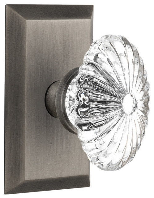 Studio Plate Privacy Oval Fluted Crystal Glass Door Knob, Antique Brass, Backset Size: 2.75 ...