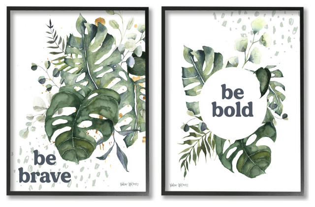 Be Bold & Brave Quote Botanical Watercolor Monstera Leaves, 2pc, 24"x30 ...