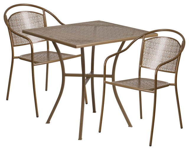 28" Square Gold Indoor-Outdoor Steel Patio Table Set with 2 Round Back ...