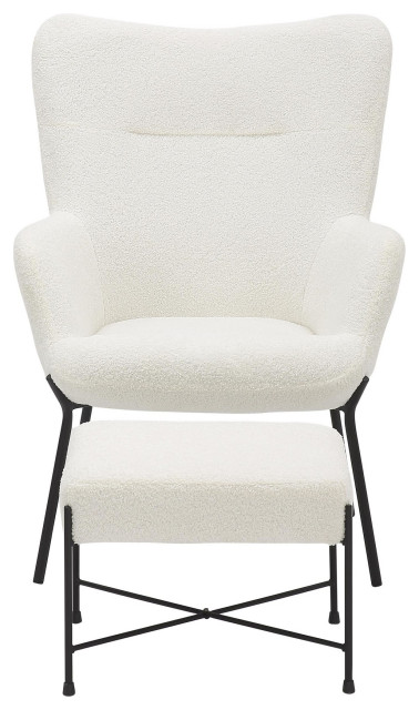 Izzy Lounge Chair + Ottoman Set, Black Metal, White Sherpa - Midcentury ...