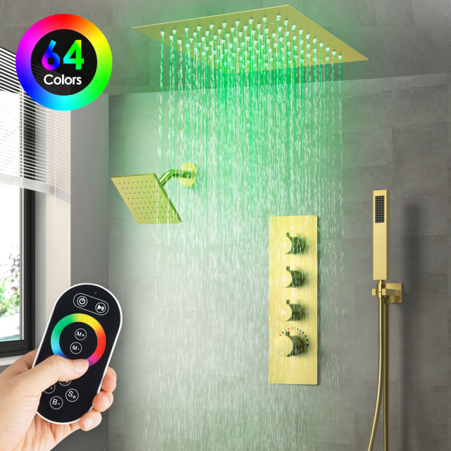 LED Dual Heads 12" Rain Shower System With Thermostatic 4-Way Faucet ...
