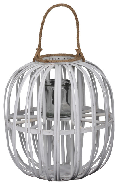 Lattice Design Round Lantern with Glass Candle Holder, Large, White ...