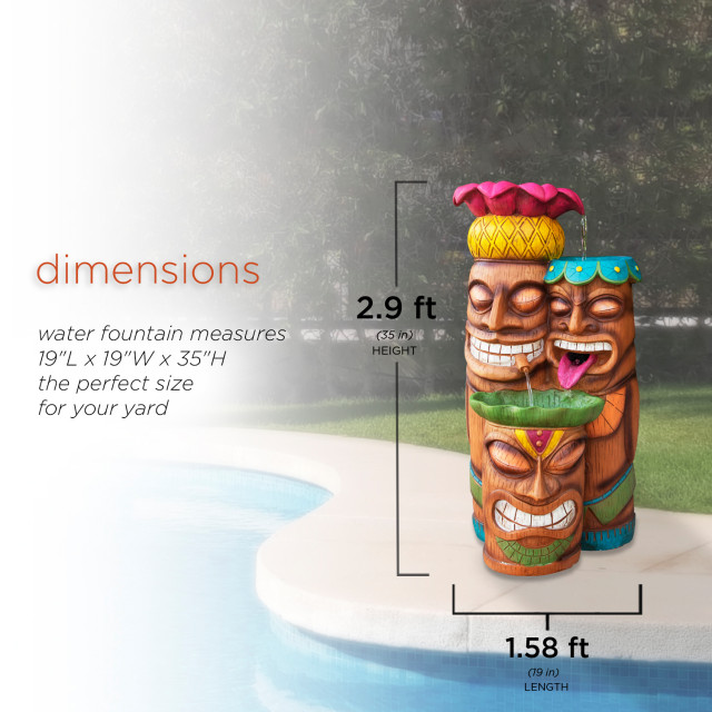 35" Tall Outdoor 3-Tier Tiki Head Waterfall Fountain Yard Art Décor ...