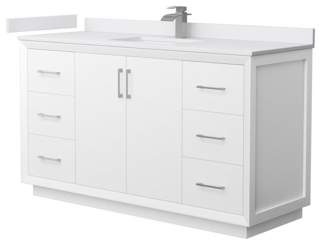 Strada 60" Single Vanity, White, White Marble Top, Sink, Nickel Trim ...