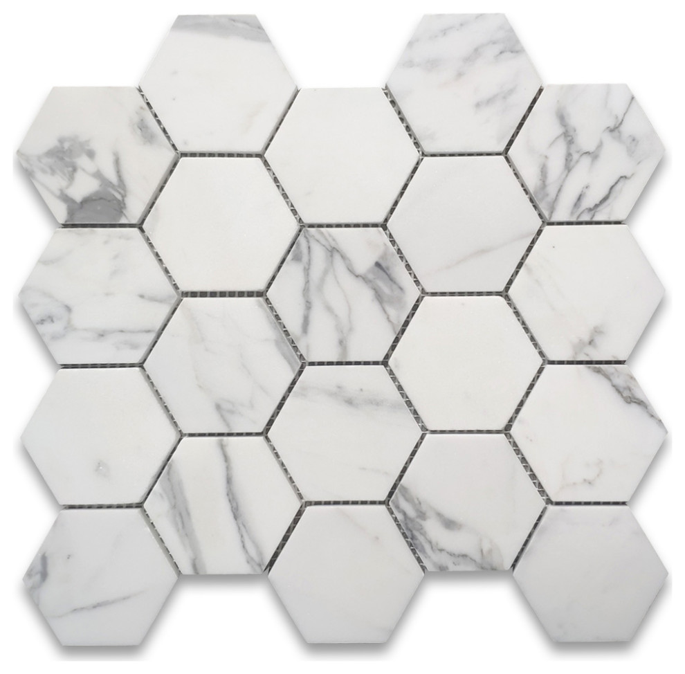 Statuary White Statuario Marble 3" Hexagon Mosaic Tile Polished, 1 ...