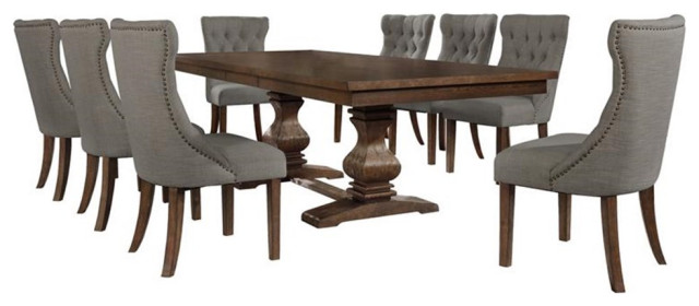 Walnut Wood 9pc Dining Set with Extendable Table and Gray Linen Chairs ...