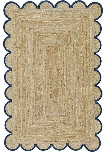 Natural Jute Area Rug with Green Scalloped Edges, Unique Farmhouse ...