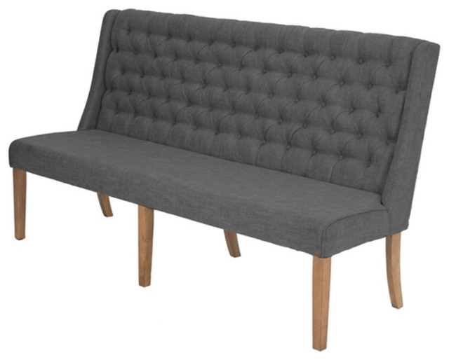 Rustic Wood Gray Linen Fabric Dining Bench with Tufted Back ...