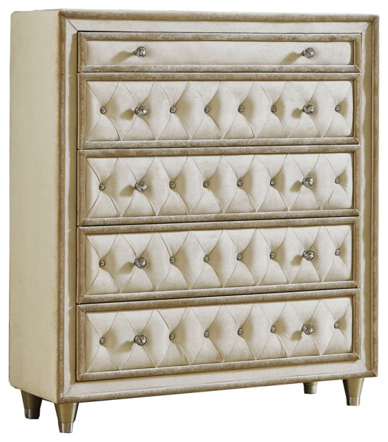 Elegant Vertical Dresser, 5 Camel Velvet Upholstered Drawers With ...