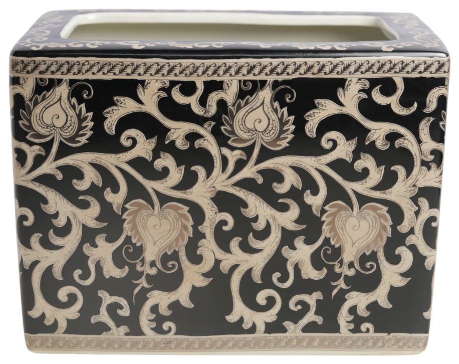 Beautiful Black and Gold Tapestry Rectangular Porcelain Cachepot ...