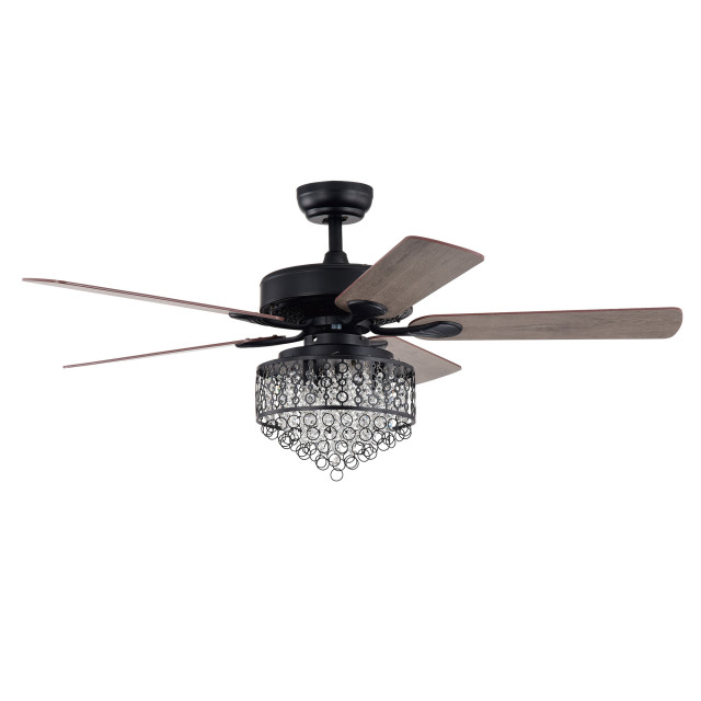 52" Indoor Matte Black Reversible Ceiling Fan with Crystal Cascade ...