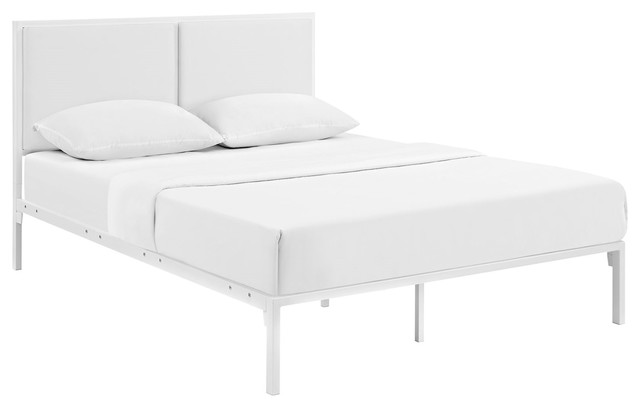 Modern Contemporary Urban Full Size Platform Bed Frame, White, Faux ...
