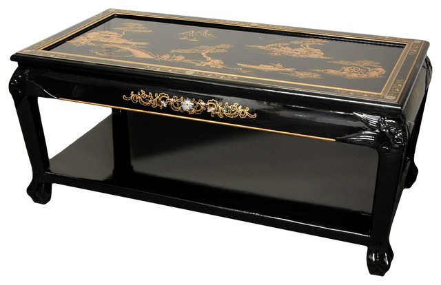 Lacquer Coffee Table With Shelf, Black Landscape - Asian - Coffee ...