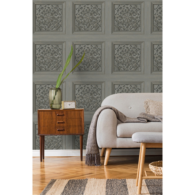 Albie Dark Grey Carved Panel Wallpaper, Swatch - French Country ...