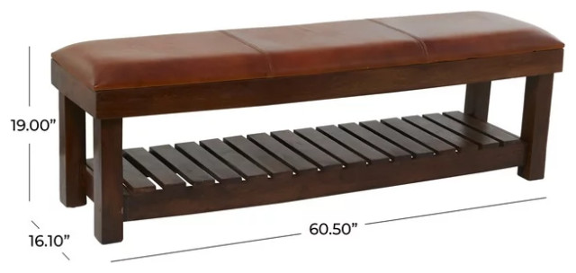 Rustic Brown Leather Bench with Lower Slatted Shelf for Stylish Storage ...