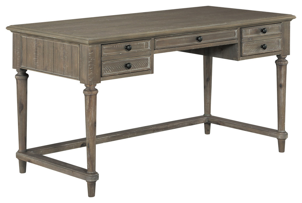 3 Drawer Wooden Plank Style Writing Desk with Turned Legs, Taupe Brown ...