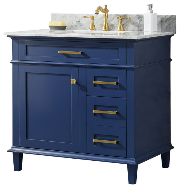 36" Blue Sink Vanity Cabinet With Carrara White Top - Transitional ...