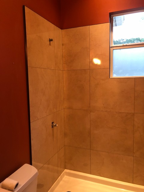 Beautiful 24x24 rectified porcelain tiles installed in an shower ...