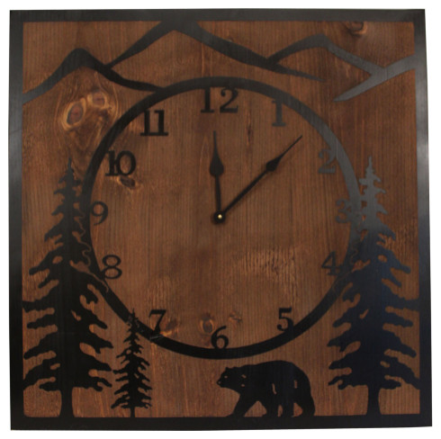 Black Iron and Stained Wood Wall Clock With Etched Bear Scene - Rustic ...