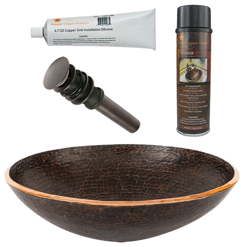 16" Round Hand Forged Old World Copper Vessel Sink, Drain & Accessories ...