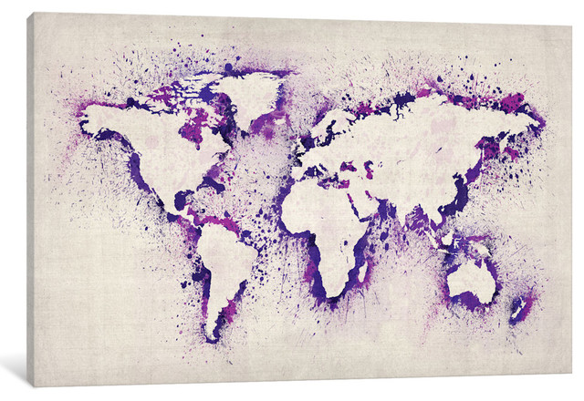 "Map Of The World, Purple Paint Splashes" Wrapped Canvas Print, 18x12x1 ...