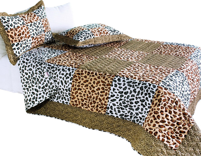 Leopard Pattern Cotton 3PC Vermicelli-Quilted Patchwork Quilt Set (Full ...