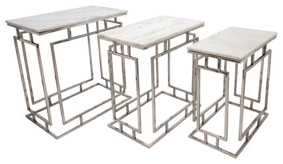Sagebrook Home, 3-Piece Set, Metal/Marble Side Tables, Silver ...