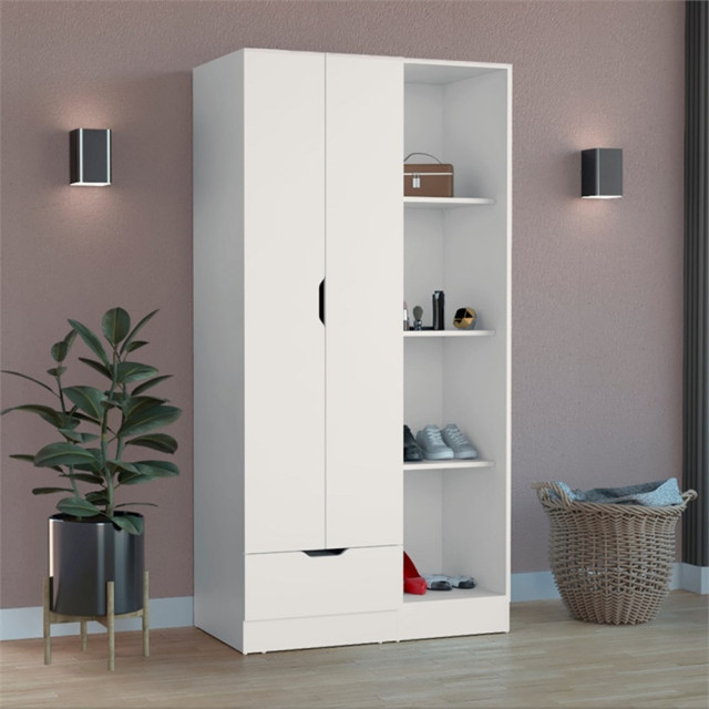 Pemberly Row Engineered Wood Armoire with 4-Tier Open Shelves in White ...