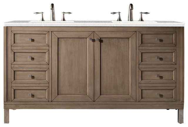 Chicago 60" Double Vanity Whitewashed Walnut, Eternal Serena Quartz Top ...