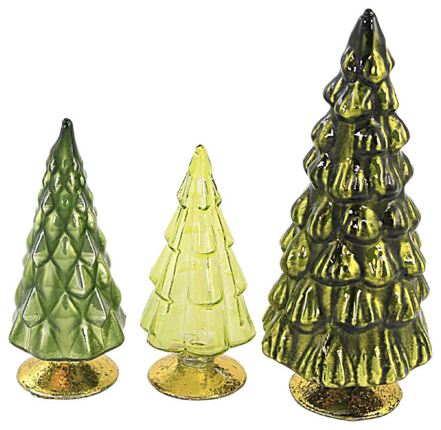 Christmas Green Hue Trees Set/3 Glass 6.75 Inch Village Decor Decorate ...