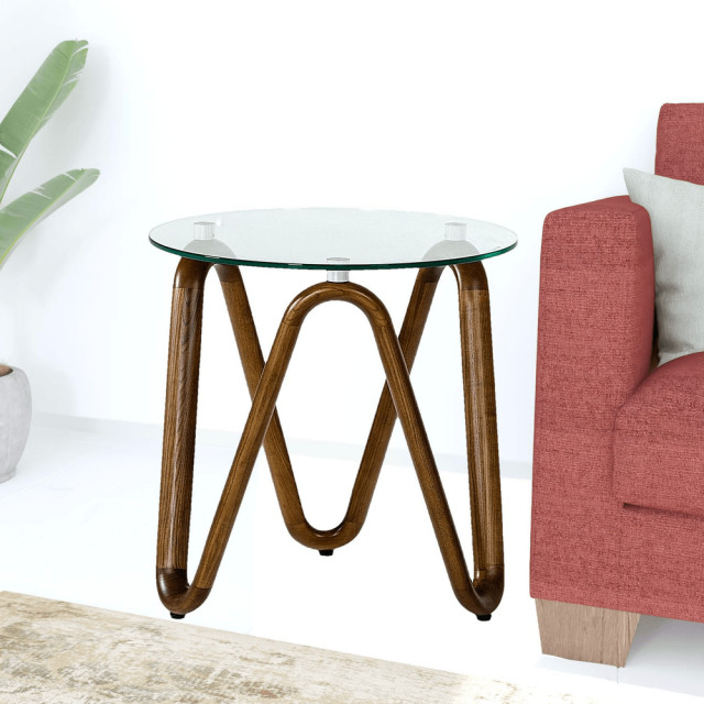20" Walnut And Clear Glass Solid Wood Ribbon Base Round End Table ...