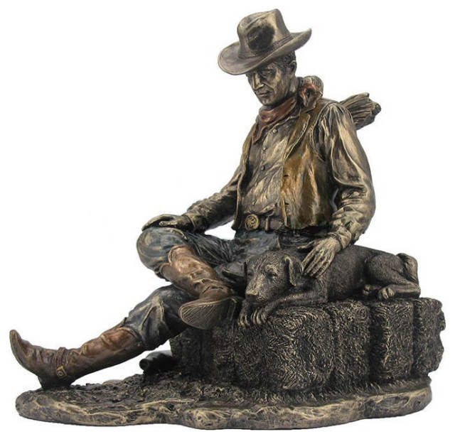 Cowboy And Dog Napping On A Bale Of Hay Statue - Southwestern ...