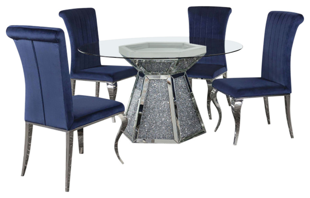 Quinn 5-piece Hexagon Pedestal Dining Room Set Mirror and Ink Blue ...