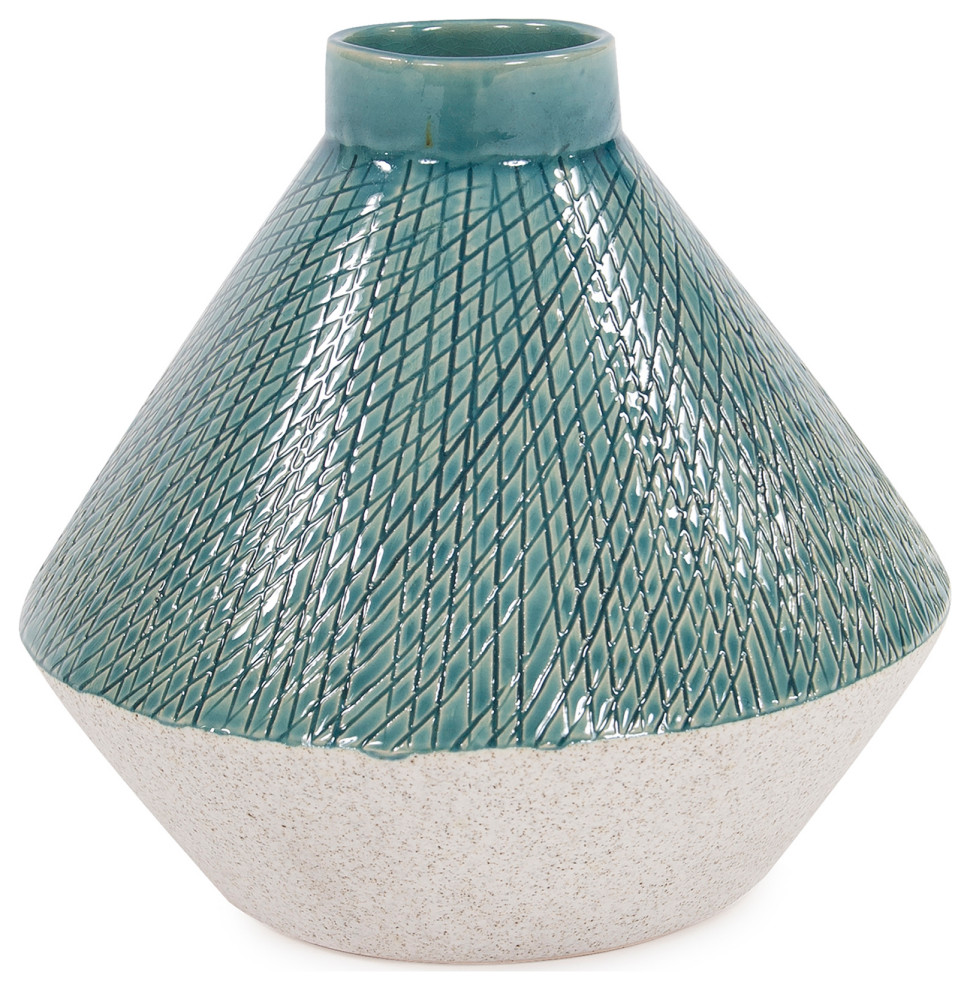 Cross Hatched Sea Blue Ceramic Angled Vase - Contemporary - Vases - by ...