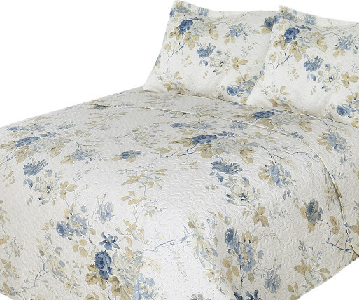 Blue Roses 3 Piece Quilt Set, Queen - French Country - Quilts And Quilt ...