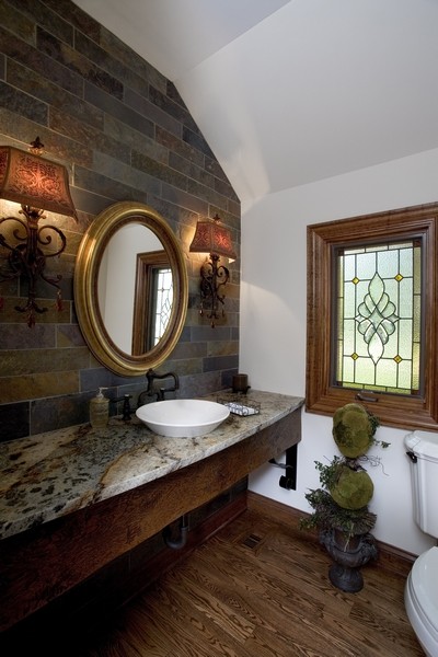 Powder Room with Custom Timber Apron Floating Vanity with Iron Supports ...