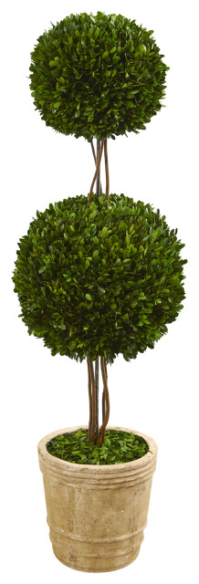 4' Preserved Boxwood Double Ball Topiary Tree, Planter - Modern ...