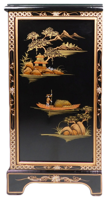 Black Lacquer Oriental End Table With Landscape Painting - Asian - Side ...