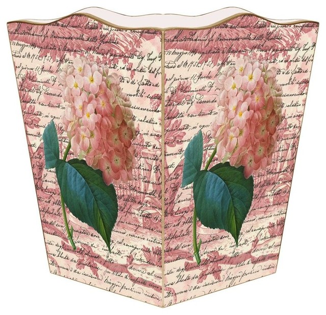 Pink Hydrangea on Rose Toile Wastepaper Basket - Traditional ...