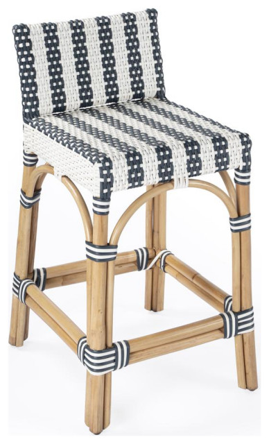 Blue and White Rattan Low Back Counter Stool, Belen Kox - Tropical ...